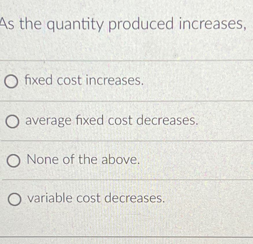 Solved As the quantity produced increases,fixed cost | Chegg.com