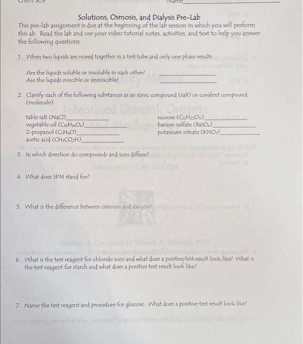 Solved Solutions, Osmosis, and Dialysis Pre-Lab This pre-lab | Chegg.com