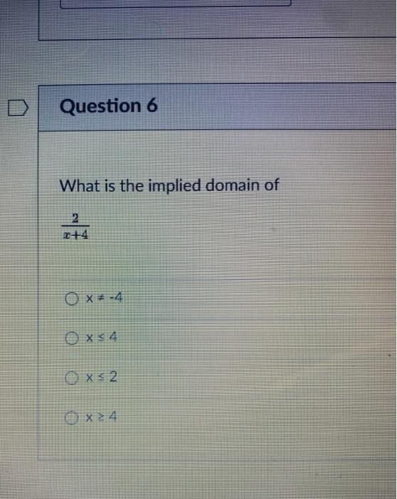 Solved Question 6 What is the implied domain of ato +4 OX4-4 | Chegg.com