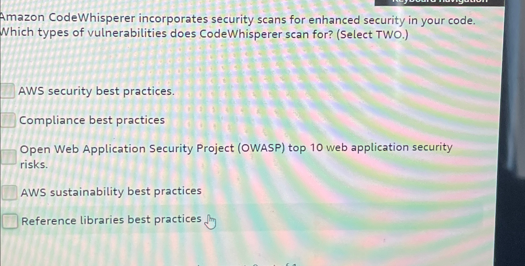 Solved Amazon CodeWhisperer incorporates security scans for | Chegg.com
