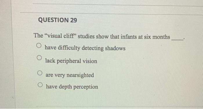 Solved QUESTION 29 The "visual cliff' studies show that | Chegg.com