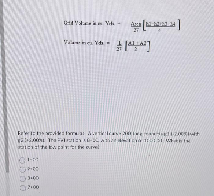 Solved Grid Volume in cu. Yds. =27 Area [4h1+h2+h3+h4] | Chegg.com