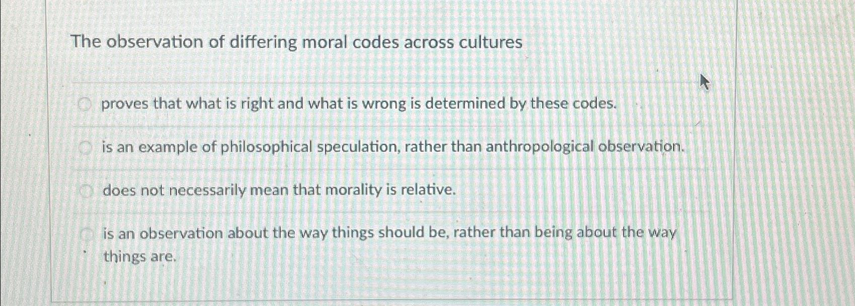 Solved The observation of differing moral codes across | Chegg.com