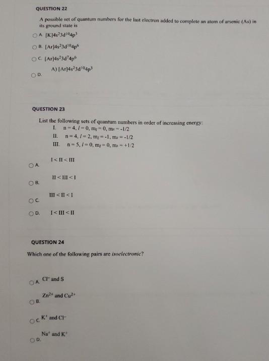 Solved QUESTION 22 A possible set of quantum numbers for the | Chegg.com