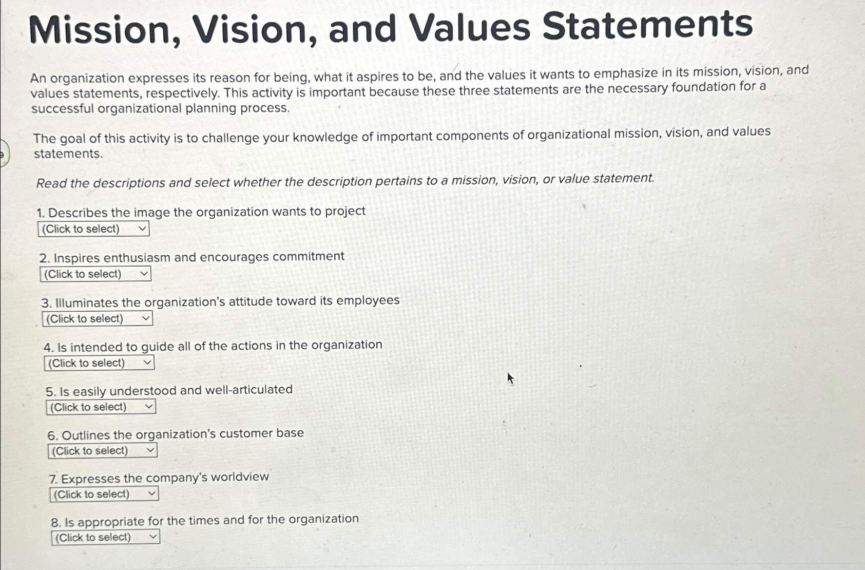 Solved Mission, Vision, and Values StatementsAn organization | Chegg.com