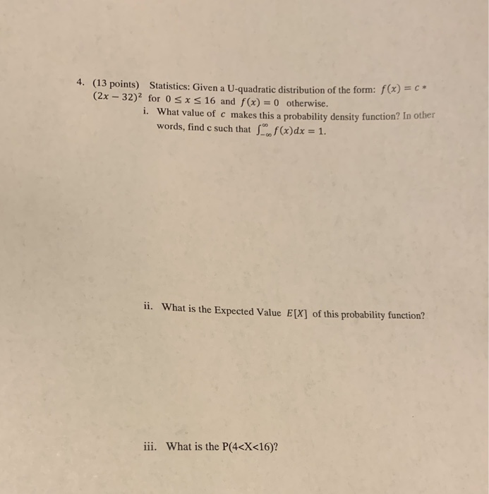 Solved 4. (13 points) Statistics: Given a U-quadratic | Chegg.com