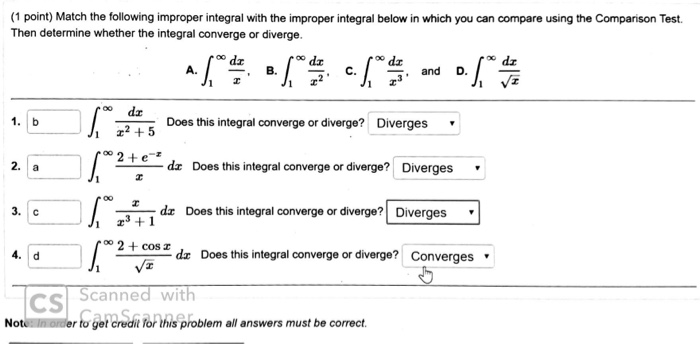 Solved (1 point) Match the following improper integral with | Chegg.com