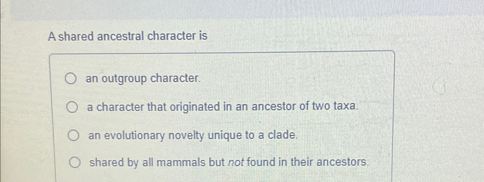 Solved A shared ancestral character isan outgroup | Chegg.com
