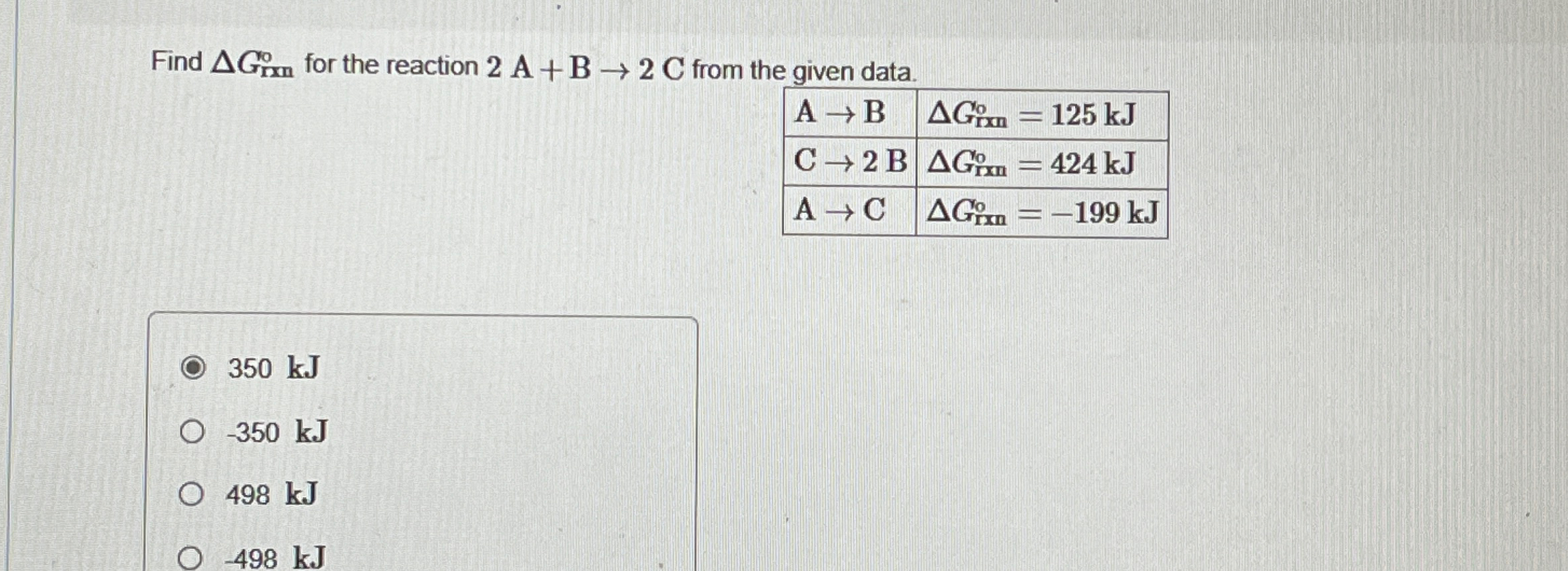 Solved Find ΔGmIo ﻿for the reaction 2A+B→2C ﻿from the given | Chegg.com