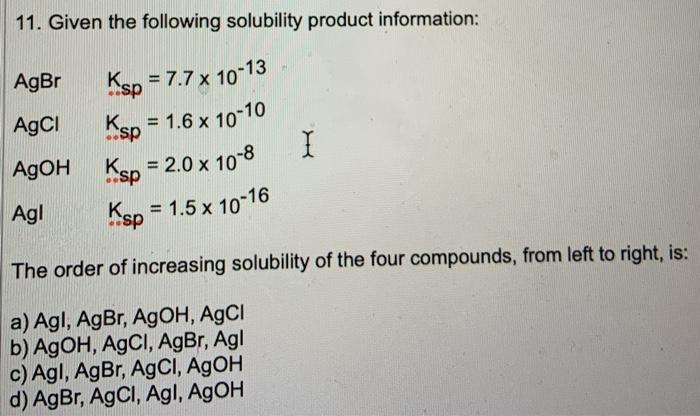 Solved 11. Given the following solubility product | Chegg.com