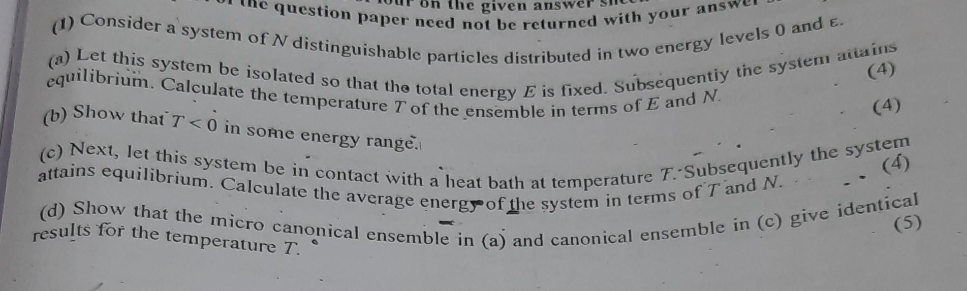 Solved (1) Consider a system of \\( N \\) distinguishable | Chegg.com