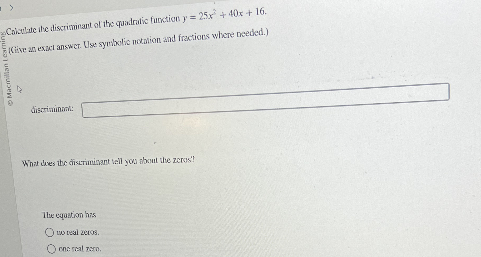 Solved Calculate the discriminant of the quadratic function | Chegg.com