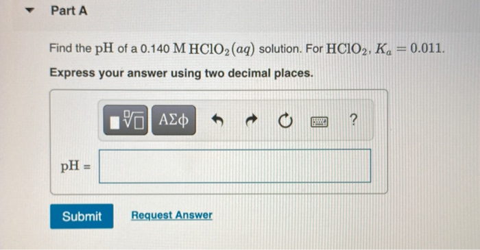 Solved Part A Find the pH of a 0.140 M HClO2 (aq) solution. | Chegg.com