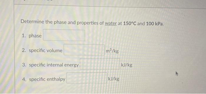 Solved Determine the phase and properties of water at 150°C | Chegg.com
