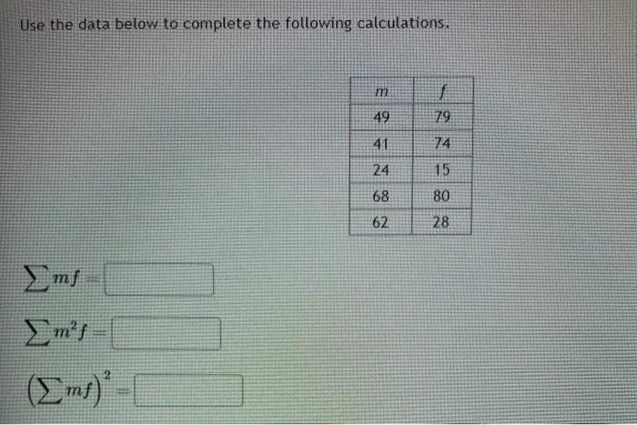 Solved Use the data below to complete the following | Chegg.com