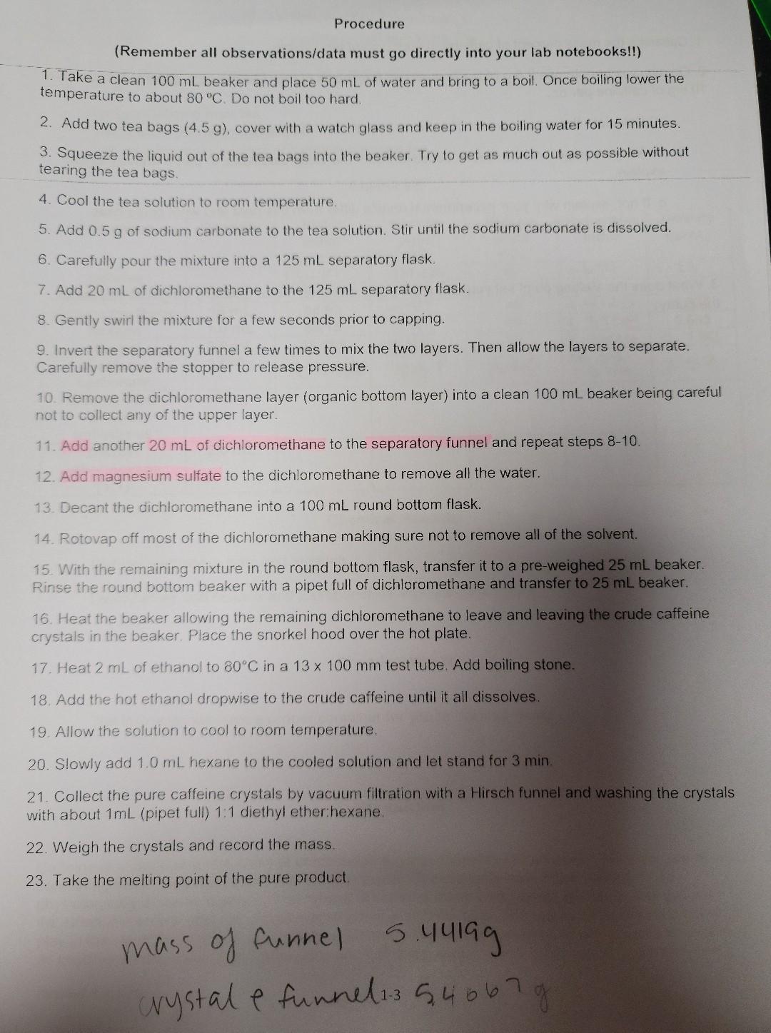 Solved Chem 2510 Experiment 5 Isolating Caffeine from Tea | Chegg.com