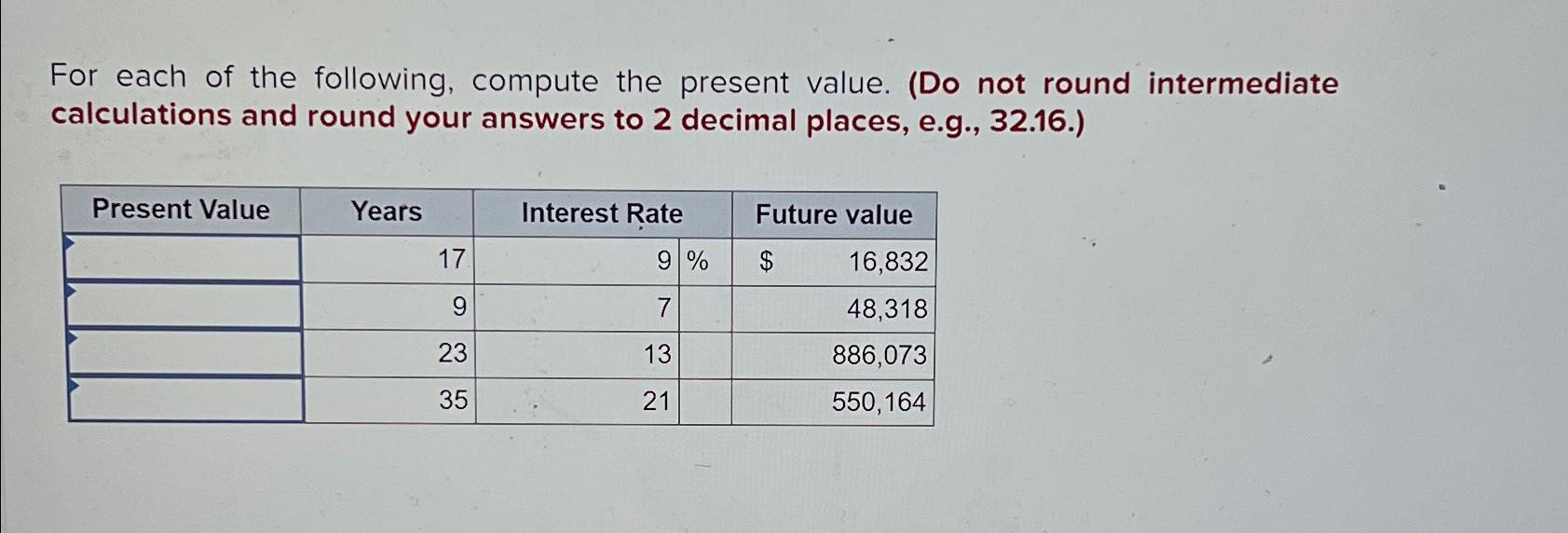 Solved For each of the following, compute the present value. | Chegg.com
