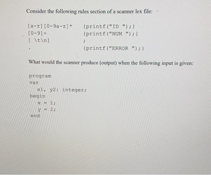 Solved Consider the following rules section of a scanner lex | Chegg.com Solved Consider the following rules section of a scanner lex | Chegg.com