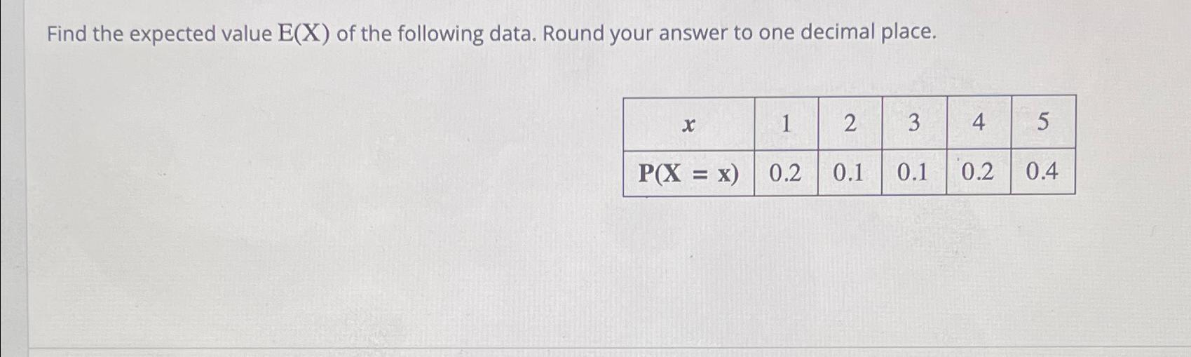 Solved Find the expected value E(x) ﻿of the following data. | Chegg.com