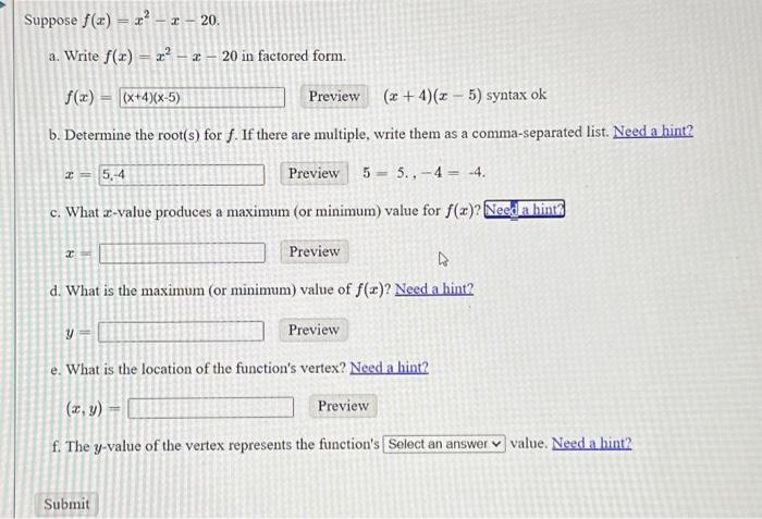 Solved 2 Suppose f(x) = x² - x - 20. a. Write f(x) = x²-x-20 | Chegg.com