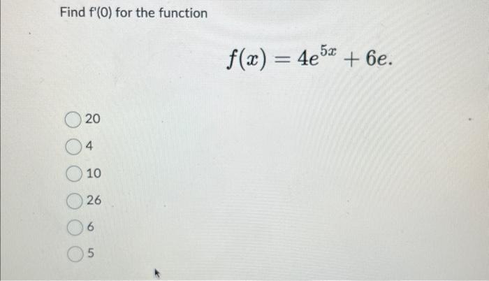 Solved Find f′(0) for the function f(x)=4e5x+6e | Chegg.com