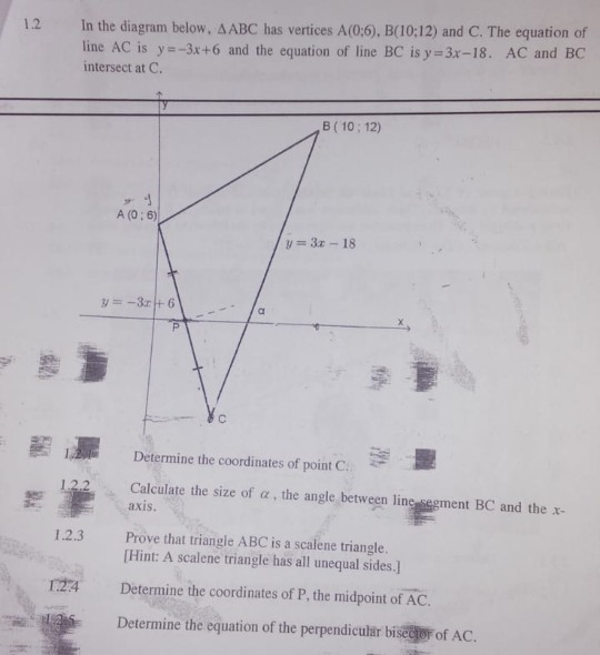 Solved 1.2 In the diagram below, AABC has vertices A(0:6), | Chegg.com
