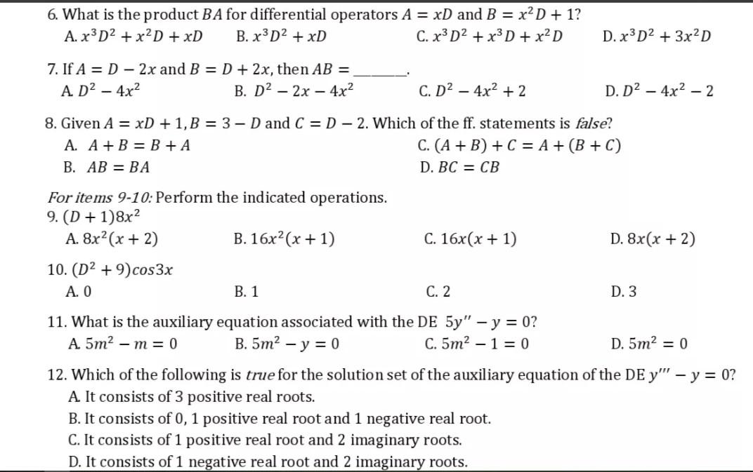 Solved 6. What is the product BA for differential operators | Chegg.com