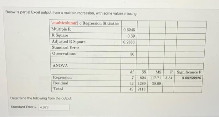 Solved Below is partial Excel output from a multiple | Chegg.com