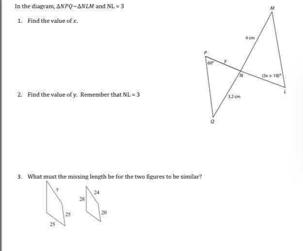 Solved In the diagram, ANPQ-ANLM and NL = 3 1. Find the | Chegg.com