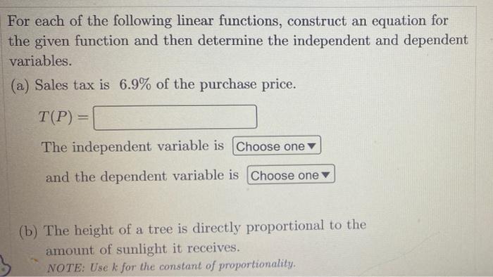 Solved For each of the following linear functions, construct | Chegg.com