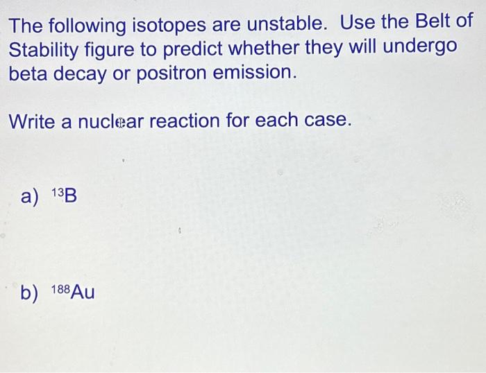 Solved The following isotopes are unstable. Use the Belt of | Chegg.com