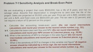 Solved Problem 7-1 ﻿Sensitivity Analysis and Break-Even | Chegg.com