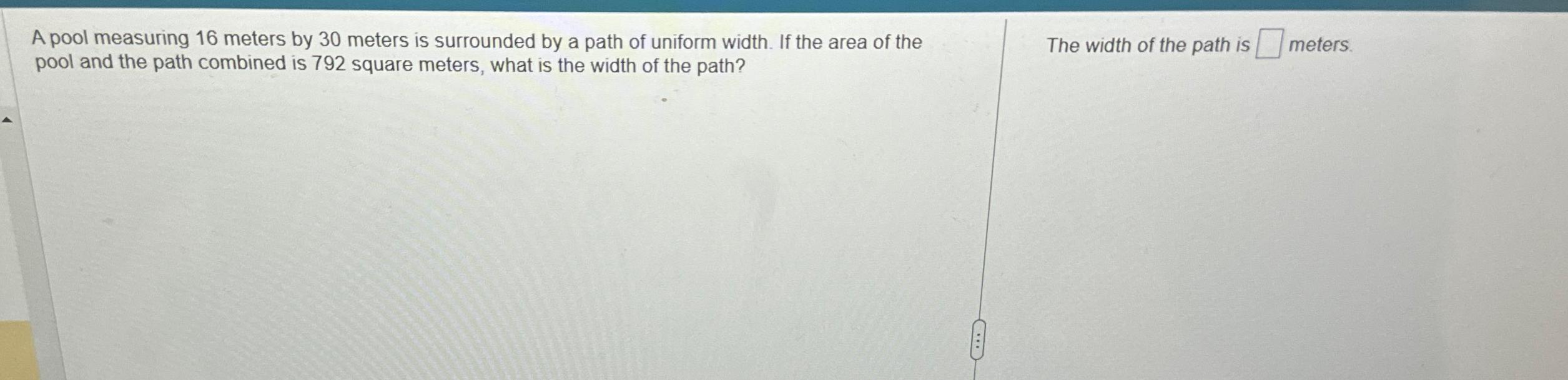 Solved A pool measuring 16 ﻿meters by 30 ﻿meters is | Chegg.com
