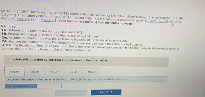 Solved On January 1, 2021, Instaform, Inc., Issued 12% bonds | Chegg.com