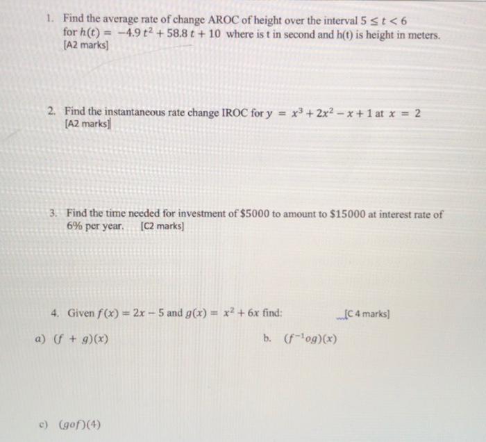Solved 1. Find the average rate of change AROC of height | Chegg.com