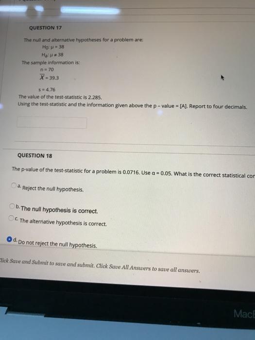 Solved QUESTION 17 The null and alternative hypotheses for a | Chegg.com