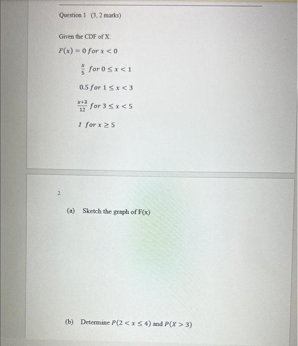 Solved Question 1 (3.2 marks) Given the CDF of X F(x) = 0 | Chegg.com