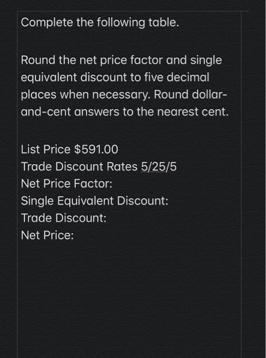 Solved Complete the following table. Round the net price | Chegg.com