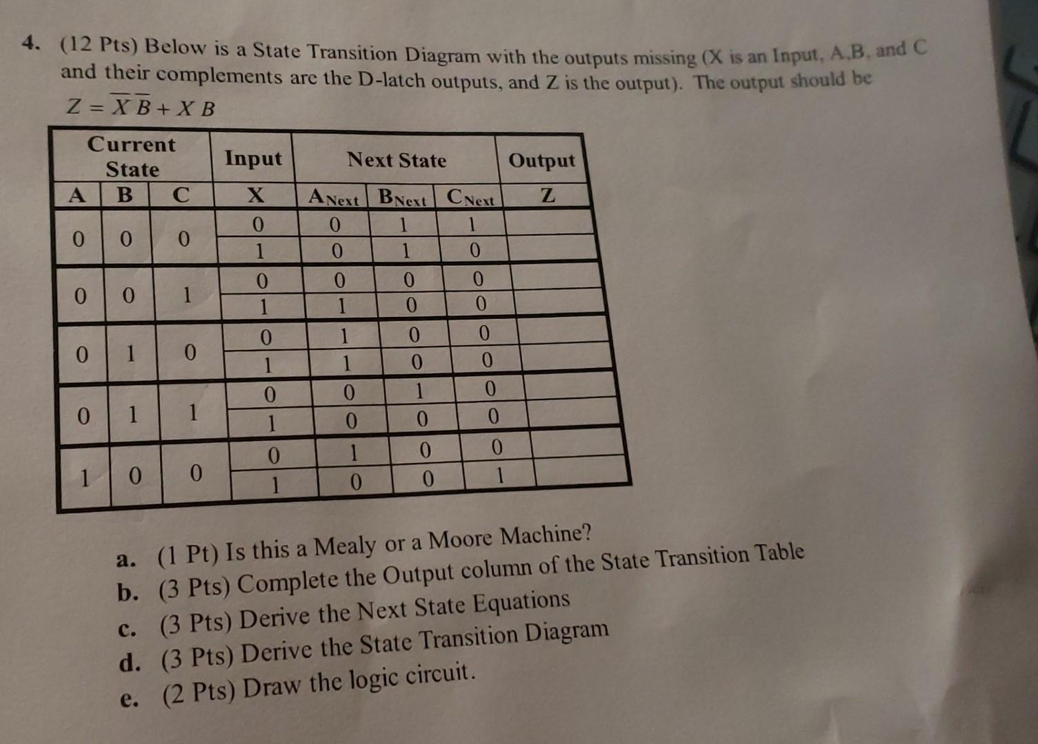 Solved 4. (12 Pts) Below is a State Transition Diagram with | Chegg.com