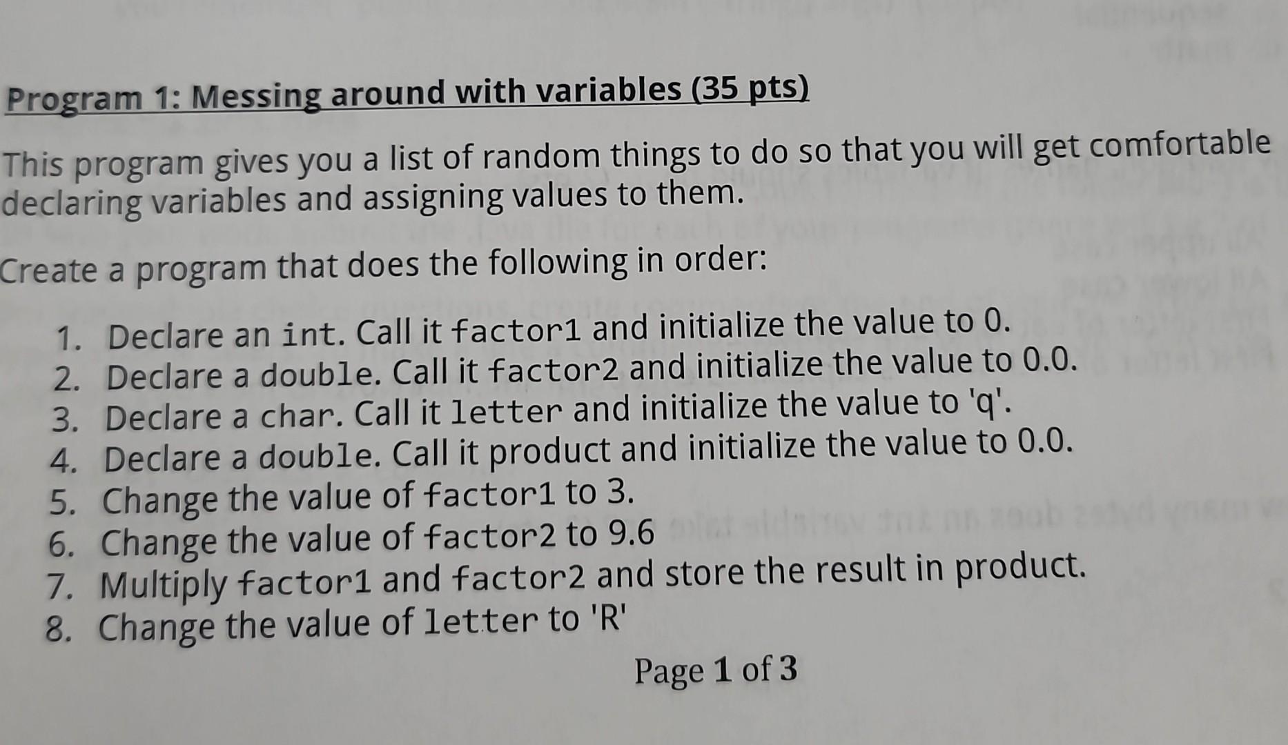 Solved Program 1: Messing around with variables (35 pts) | Chegg.com