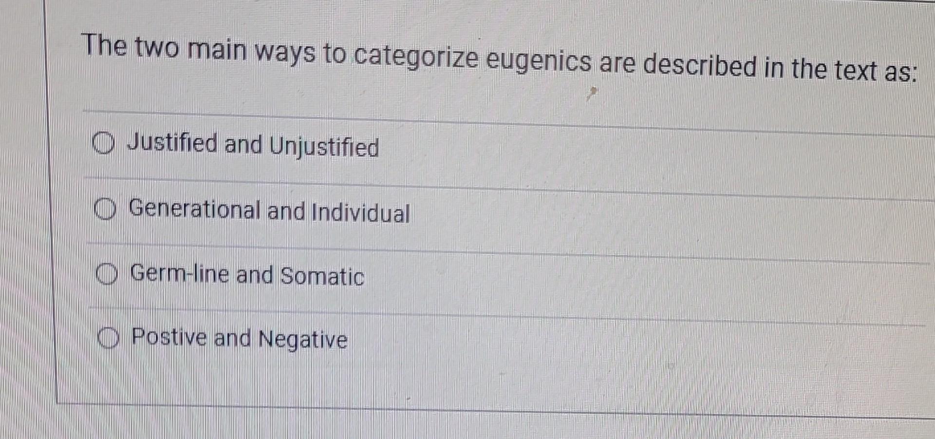 Solved The two main ways to categorize eugenics are | Chegg.com