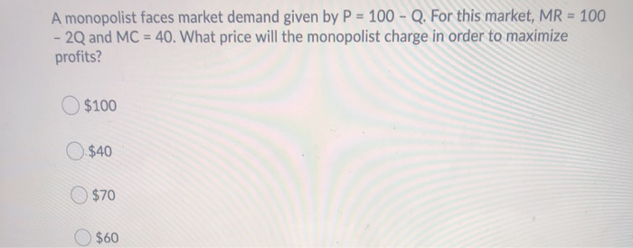Solved A monopolist faces market demand given by P = 100 - | Chegg.com
