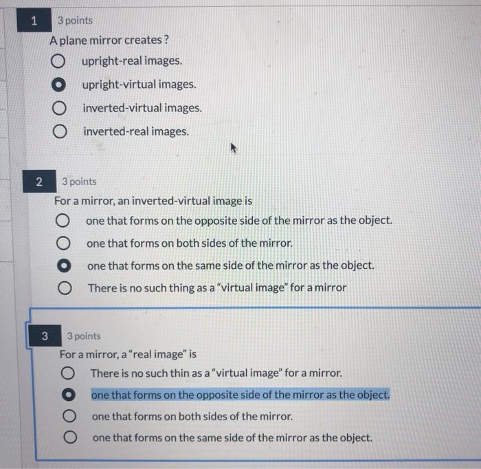 Solved 1 3 points A plane mirror creates ? upright-real | Chegg.com