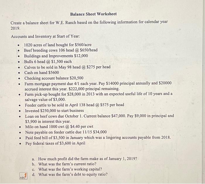 Solved Balance Sheet Worksheet Create a balance sheet for | Chegg.com