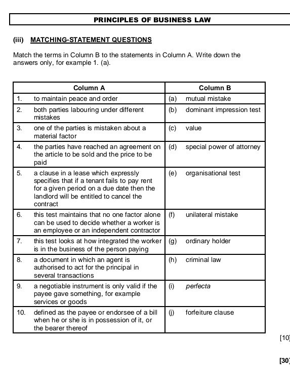 Solved PRINCIPLES OF BUSINESS LAW(iii)MATCHING-STATEMENT | Chegg.com