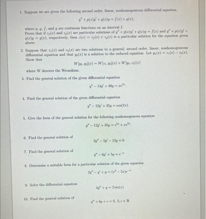 Solved 1. Suppose we are given the following second order, | Chegg.com
