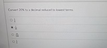 Solved Convert 20% ﻿to a decimal reduced to lowest | Chegg.com
