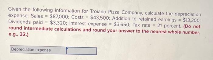 Solved Given the following information for Troiano Pizza | Chegg.com