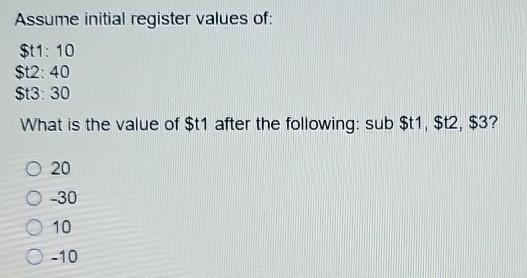 Solved Assume initial register values of:$t1: 10$t 2: 40$t3: | Chegg.com