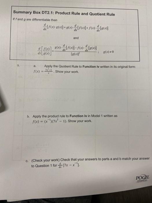Solved Summary Box DT2.1: Product Rule and Quotient Rule If | Chegg.com